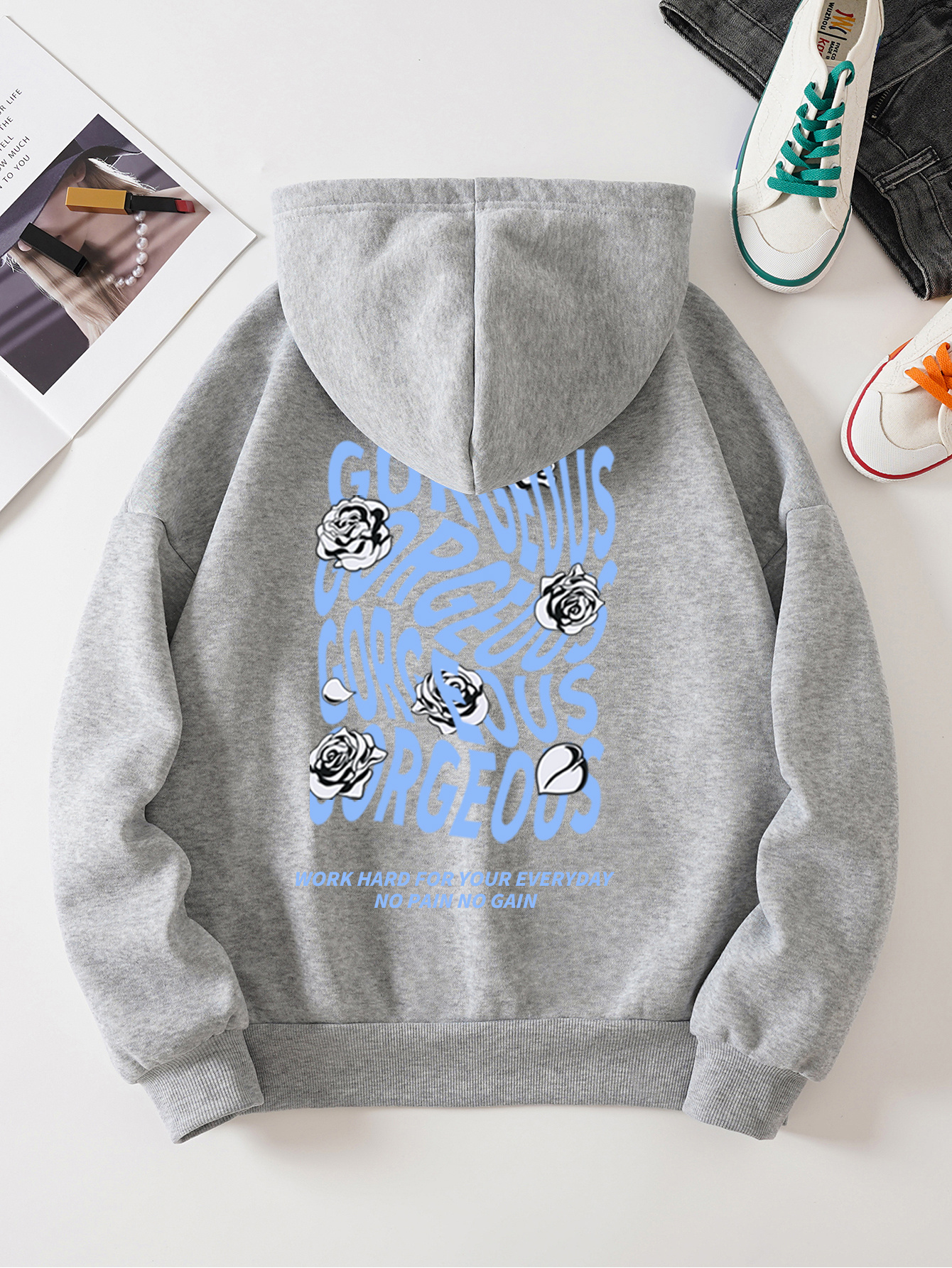 Letter & Rose Print Loose Hoodie, Zipper Drawstring Fitness Yoga Sports ...