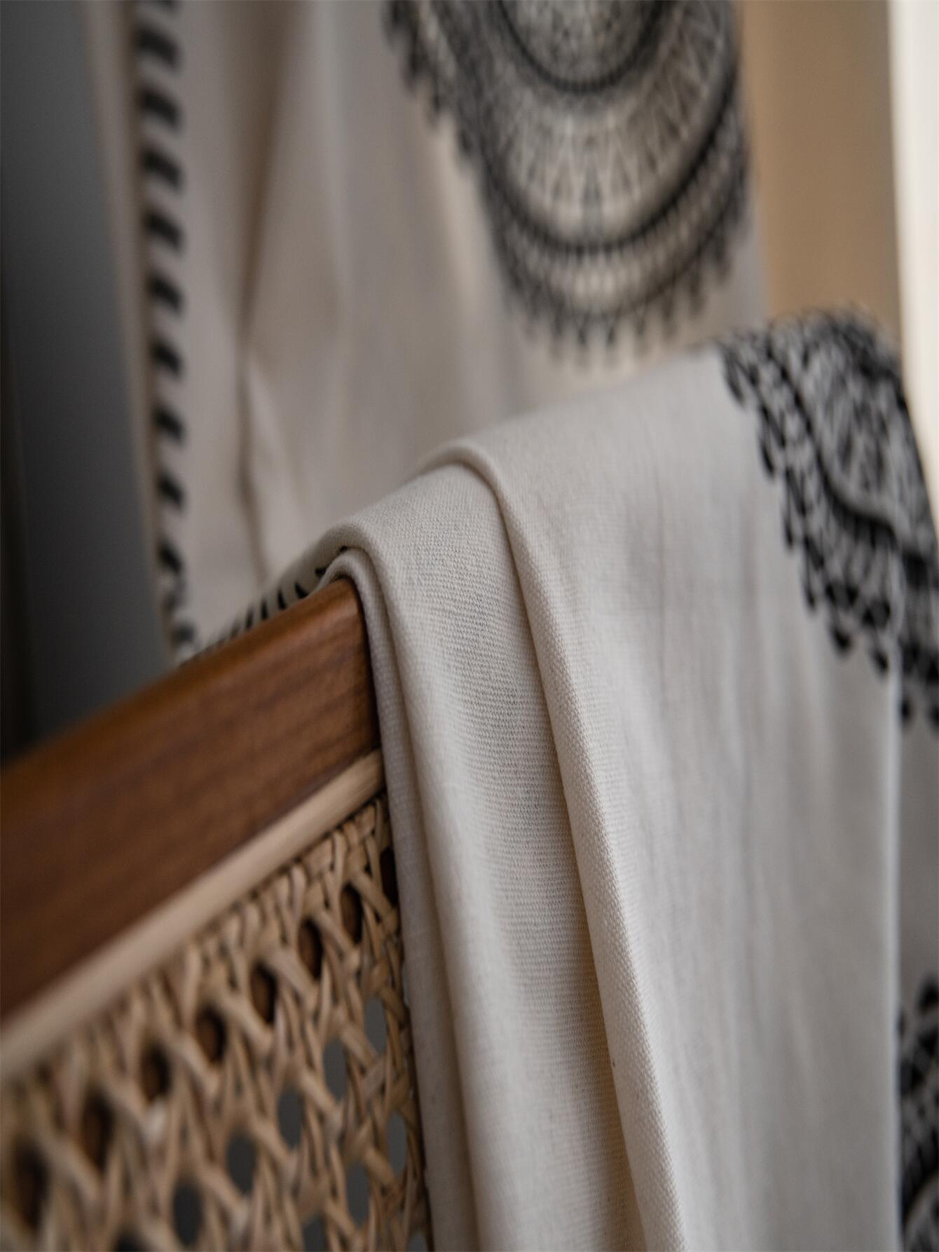 Boho Linen Geometric Print Semi blackout Cream Curtain Black - Temu