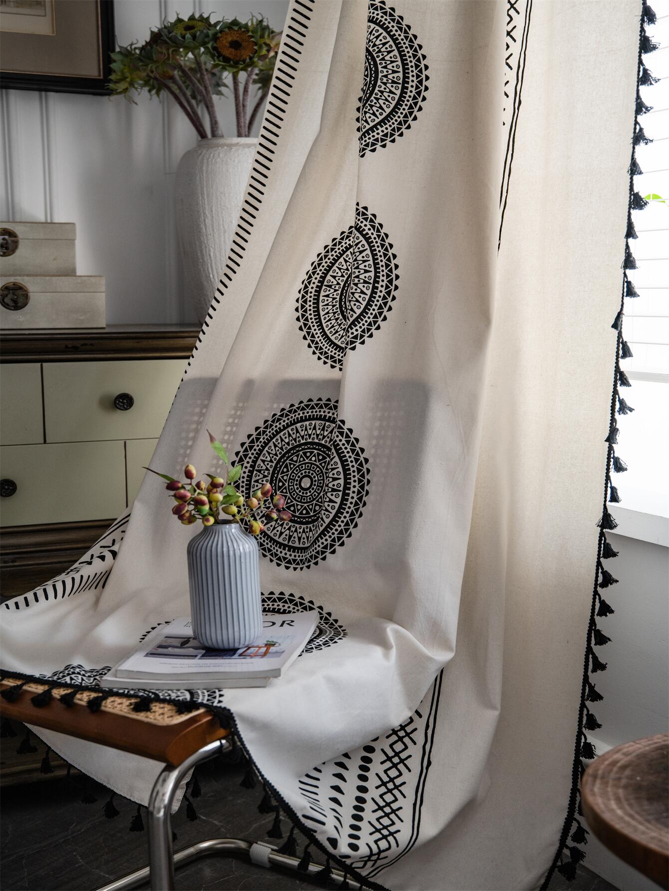 Boho Linen Geometric Print Semi blackout Cream Curtain Black - Temu