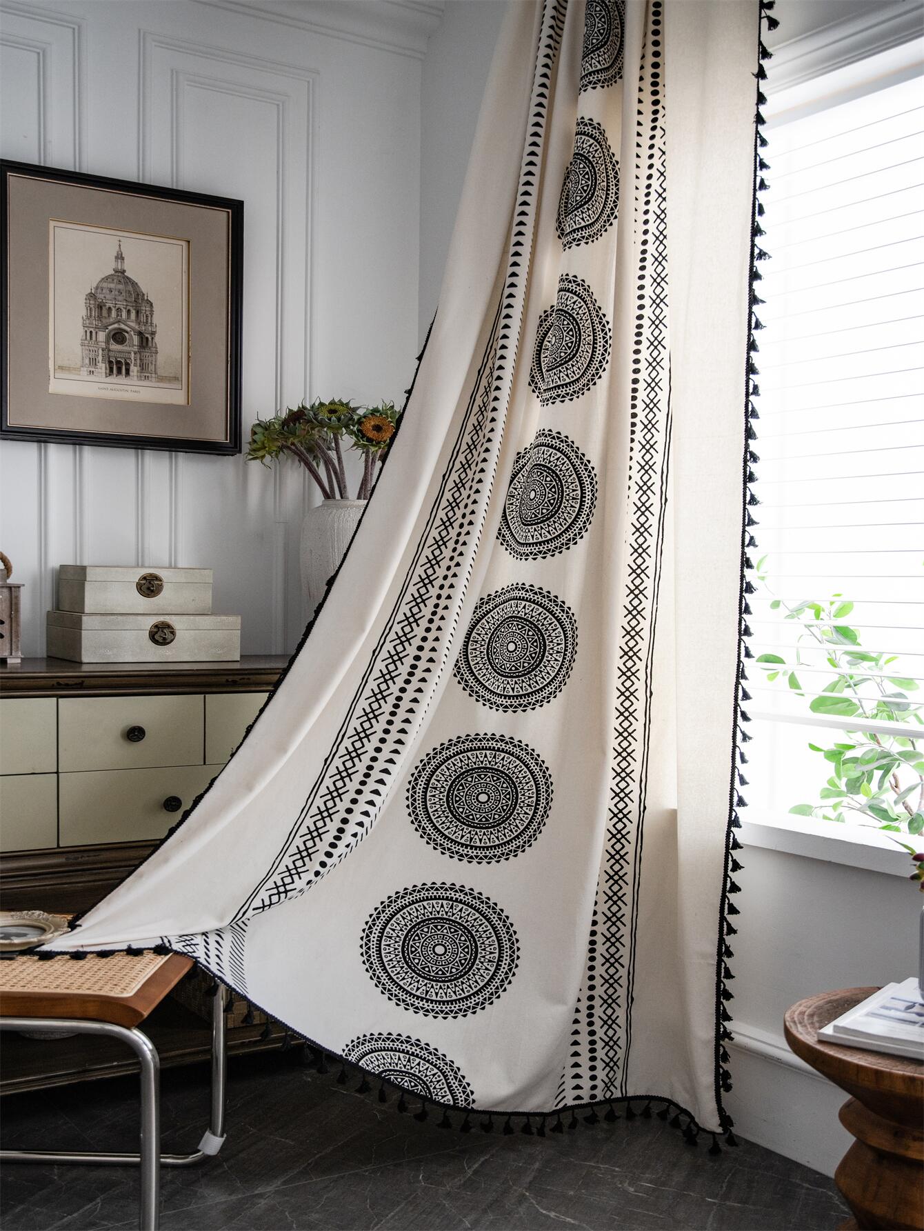 Boho Linen Geometric Print Semi blackout Cream Curtain Black - Temu