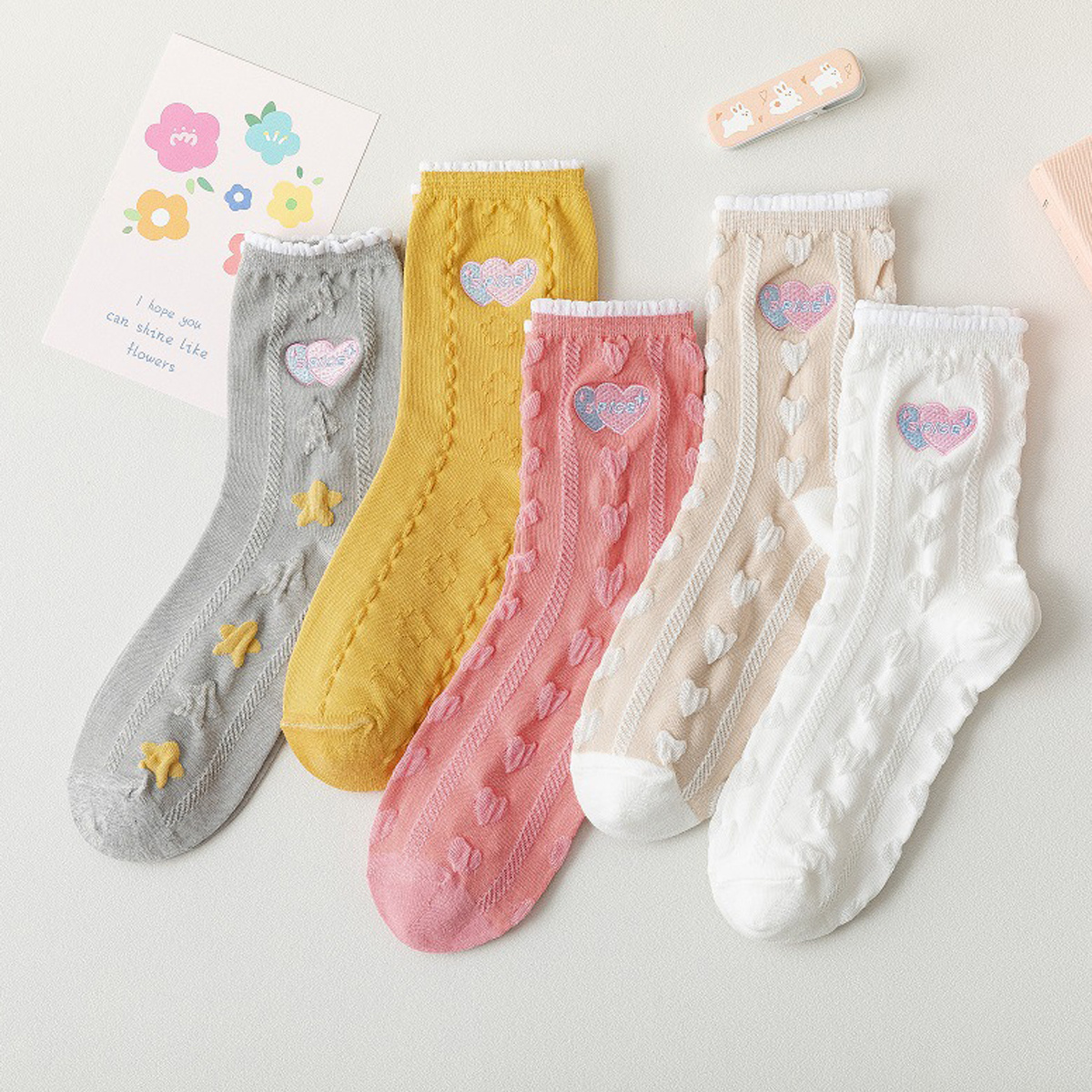 5 Pairs Cute Heart Embroidered Crew Socks Lightweight Comfy Mid Tube ...
