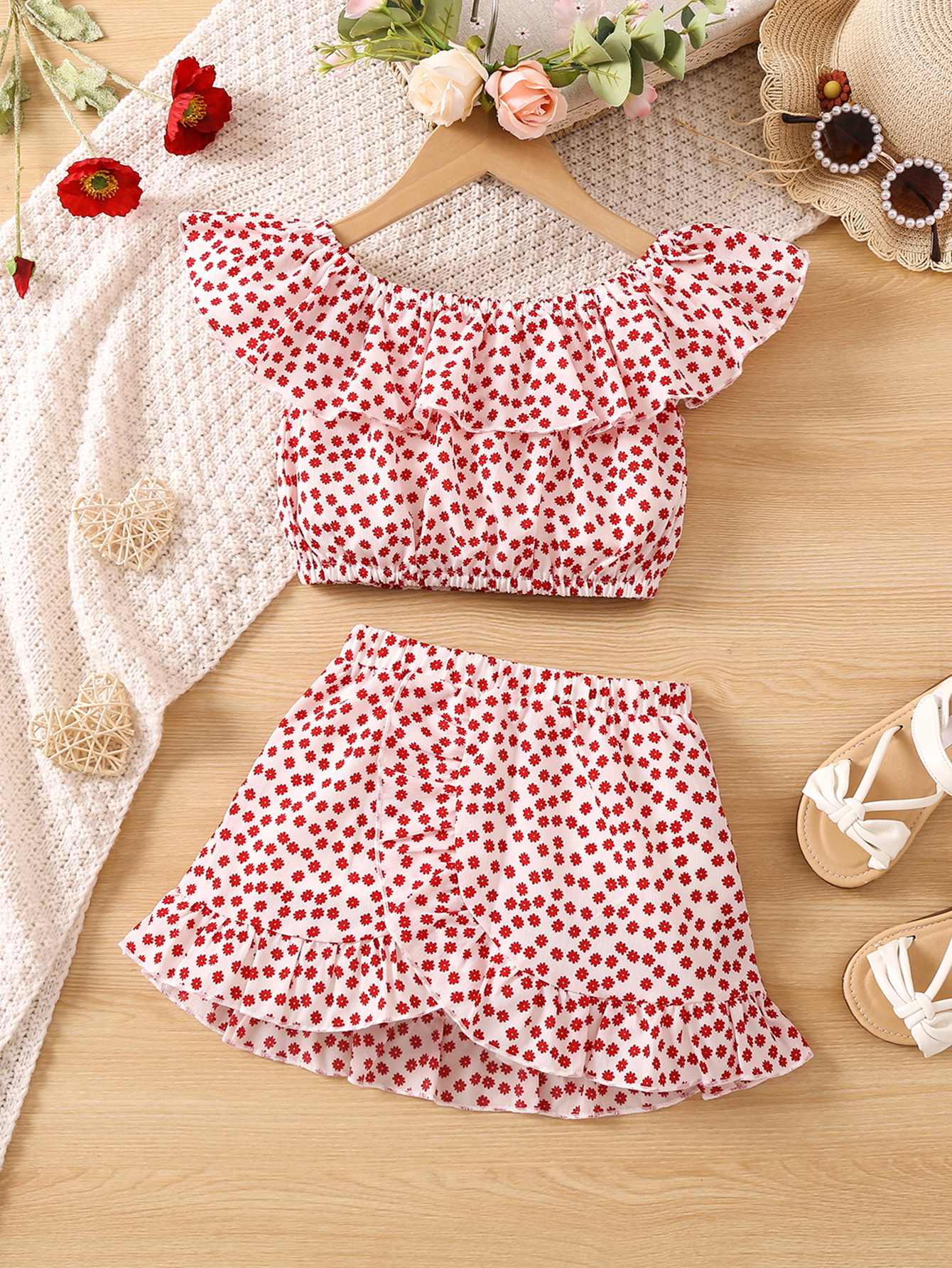 Girls Shoulder Floral Crop Top Elastic Waist Hem - Temu