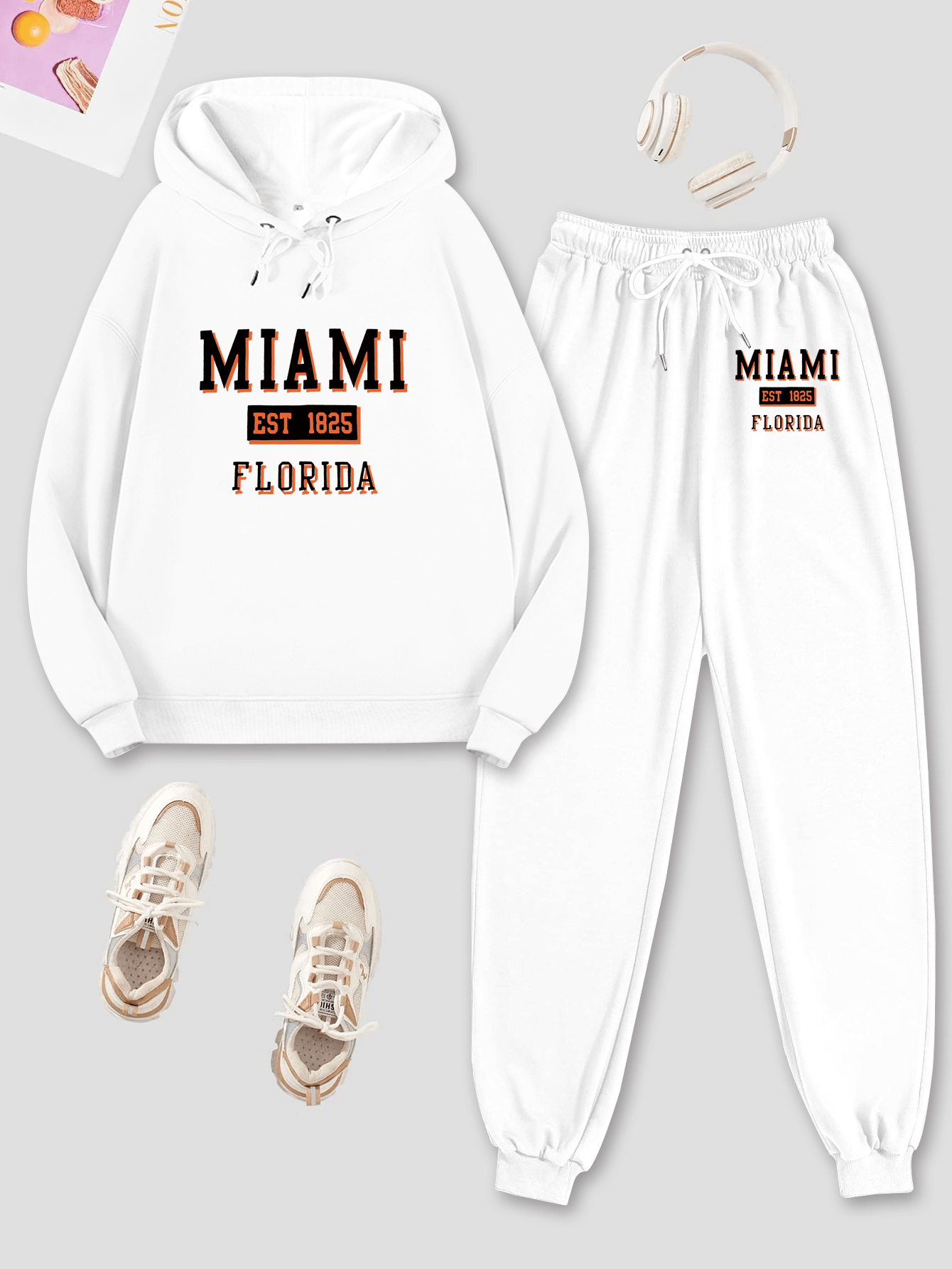 Miami Letter Print Hoodies Sweatpants Two piece Set Solid - Temu