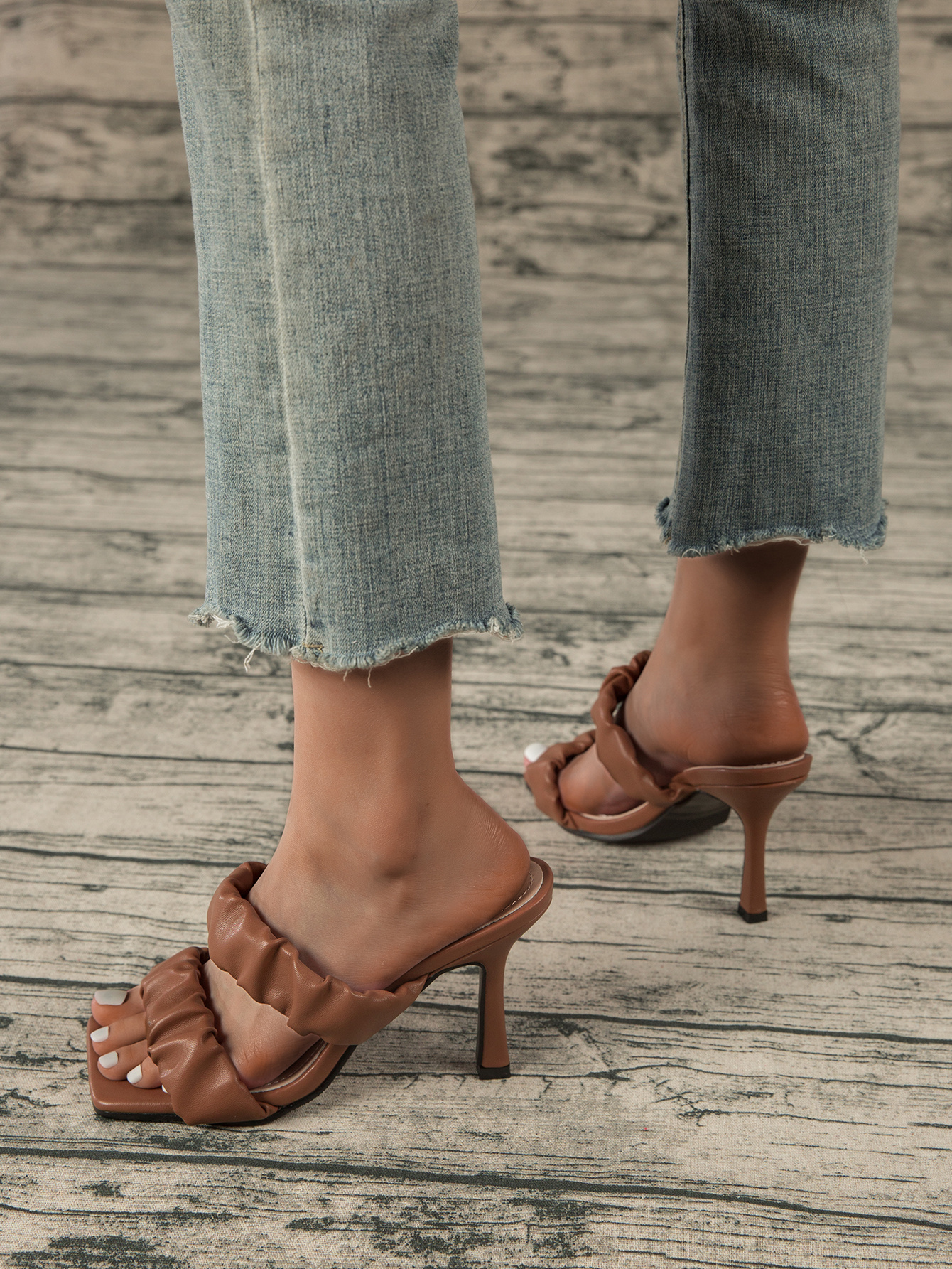 Women's Double Strap High Heels Square Open Toe Slip - Temu Norway