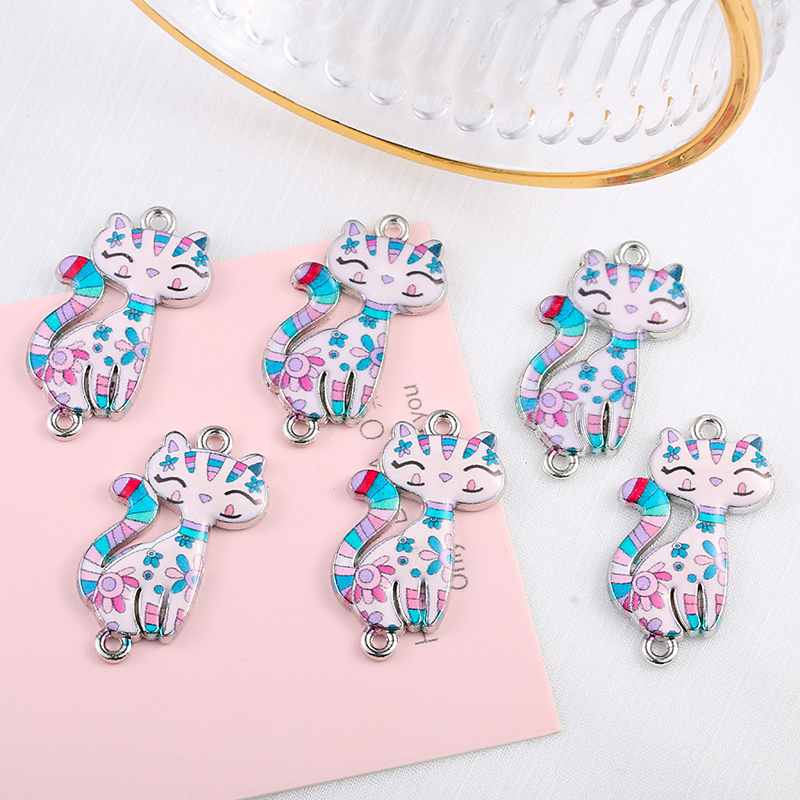 Diy Accessories Silver Plated Enamel Colorful Cat Charm - Temu Denmark
