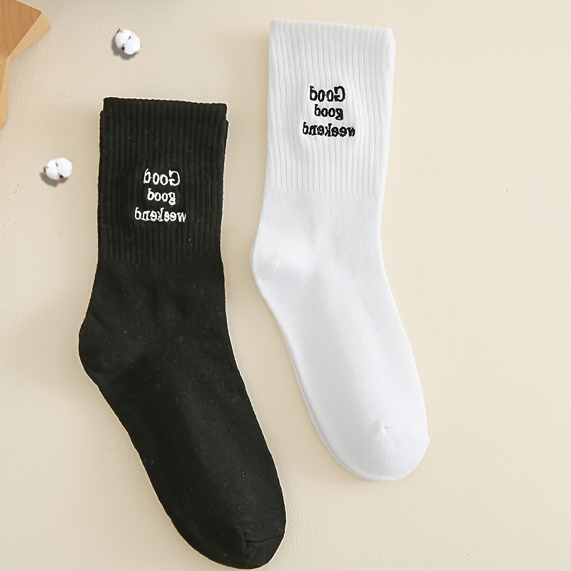 2pairs letter embroidery black white tube socks womens - Temu Australia