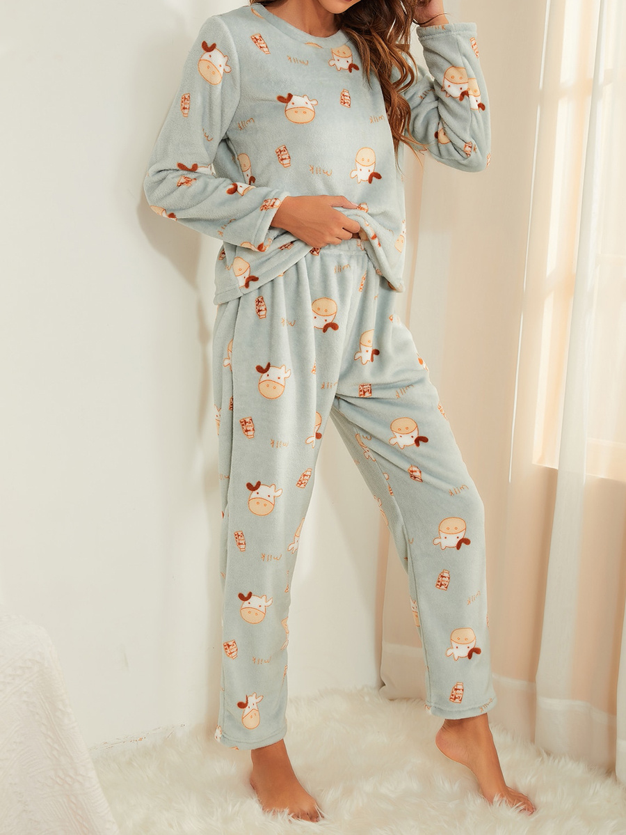 Cute Cartoon Cow Print Flannel Pajama Set Long Sleeve Round - Temu New ...