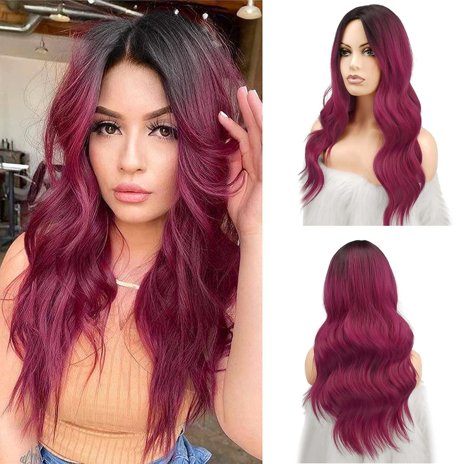 Feshfen Long Pink Brown Purple Wine Red Black Orange Wigs For Women 22 ...
