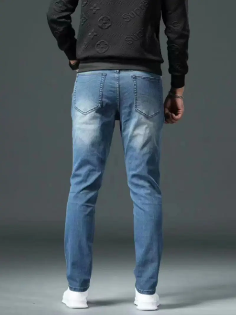 Mens Retro Slim Fit Ripped Cotton Jeans Temu