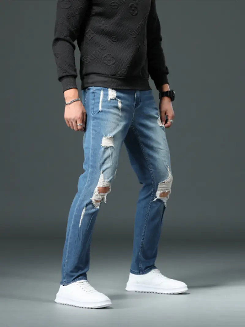 Mens Retro Slim Fit Ripped Cotton Jeans Temu