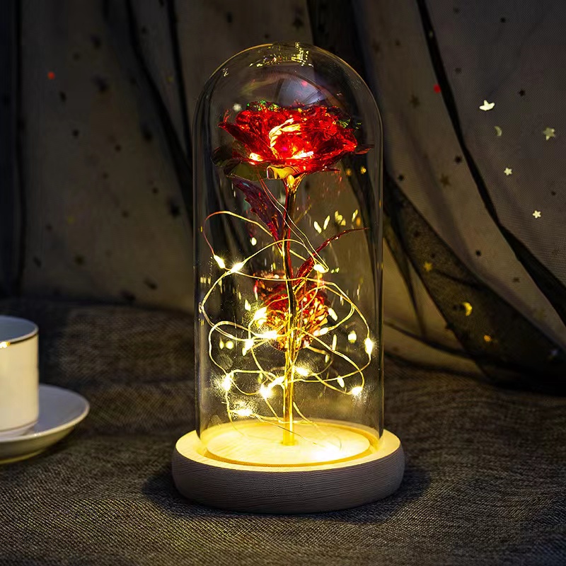 1pc Led Glass Cover Rose Flower Ornament Creative Valentine's Day Gifts ...