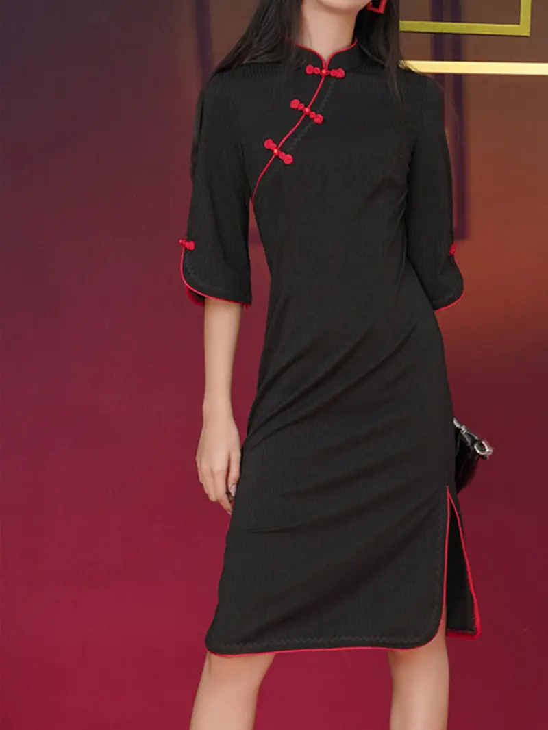 Chinese Vintage Solid Cheongsam Bodycon Short Sleeve Dress Temu