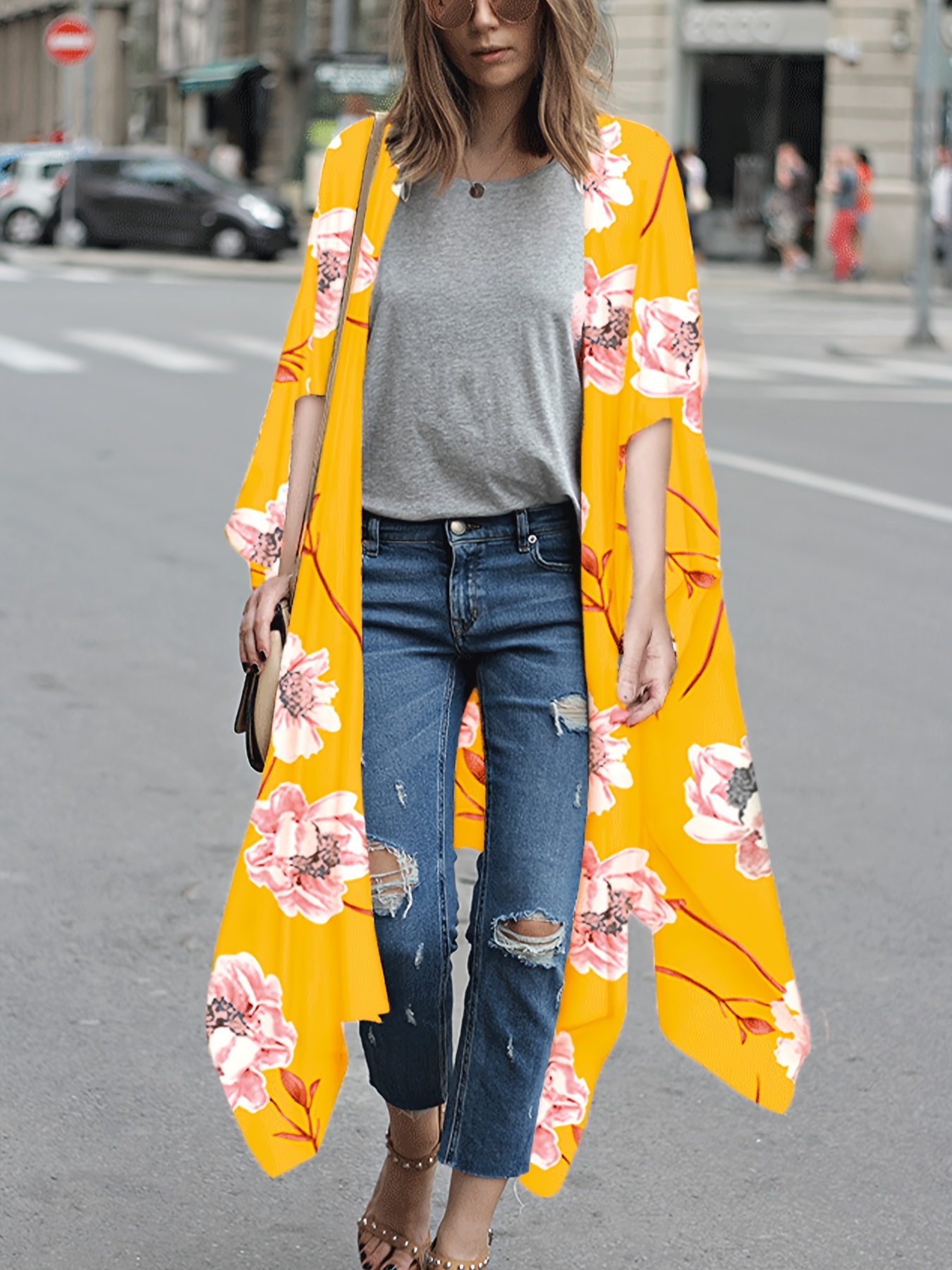 Floral Print Chiffon Blouse V Neck Long Sleeve Rash Guard - Temu ...