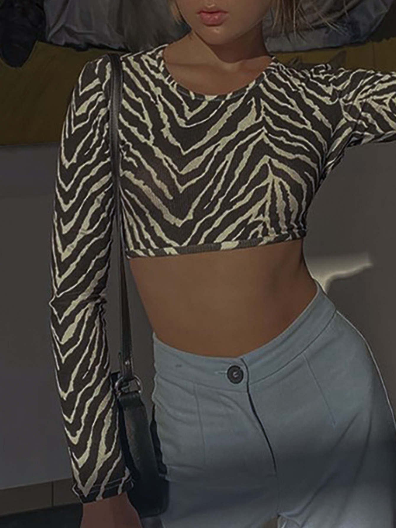 Zebra Print Sexy Crop Top Long Sleeve Casual Top - Temu Australia