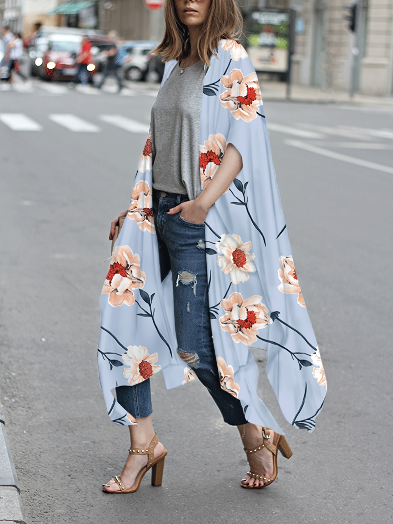 Floral Print Chiffon Blouse V Neck Long Sleeve Rash Guard - Temu ...