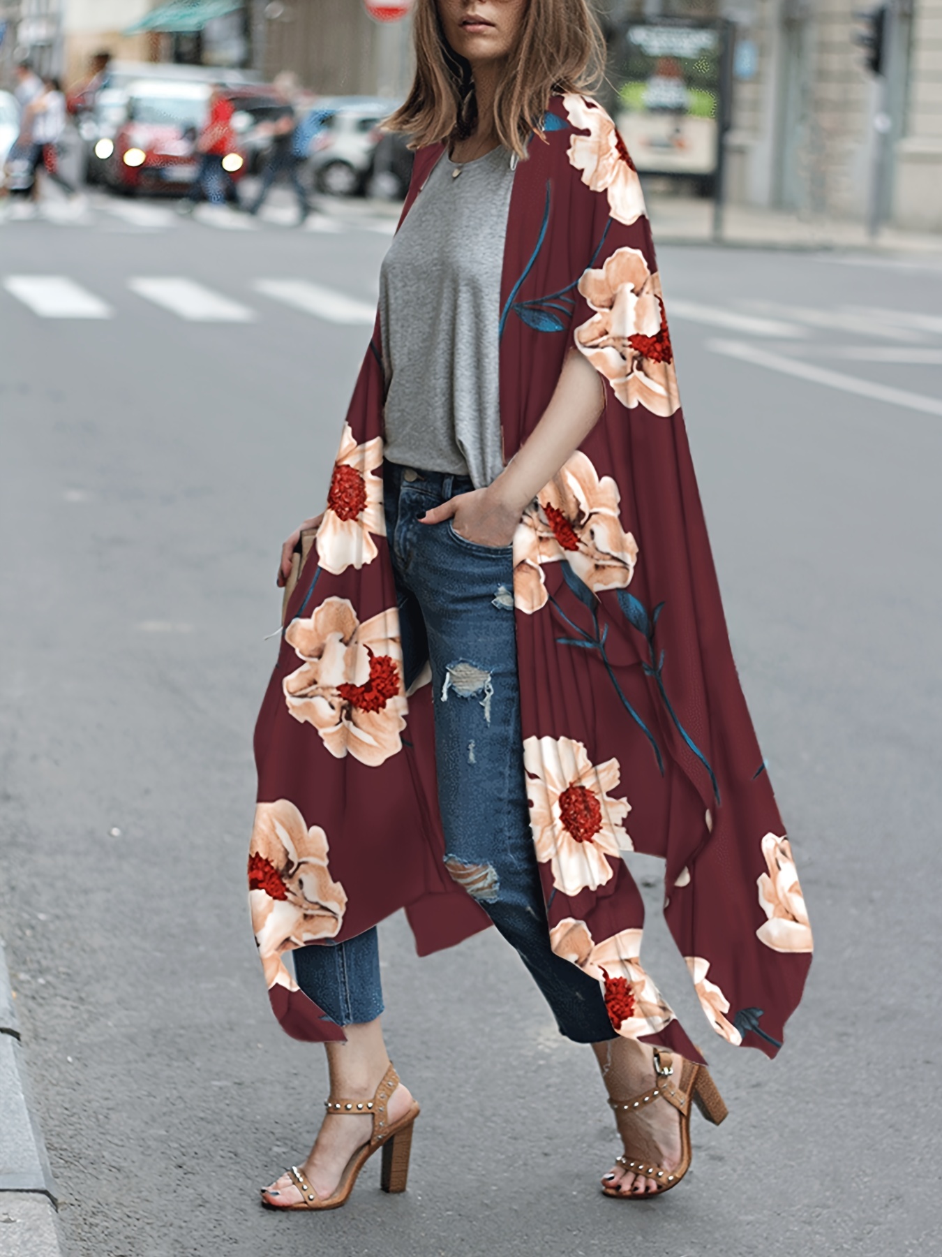 Floral Print Chiffon Blouse V Neck Long Sleeve Rash Guard - Temu ...