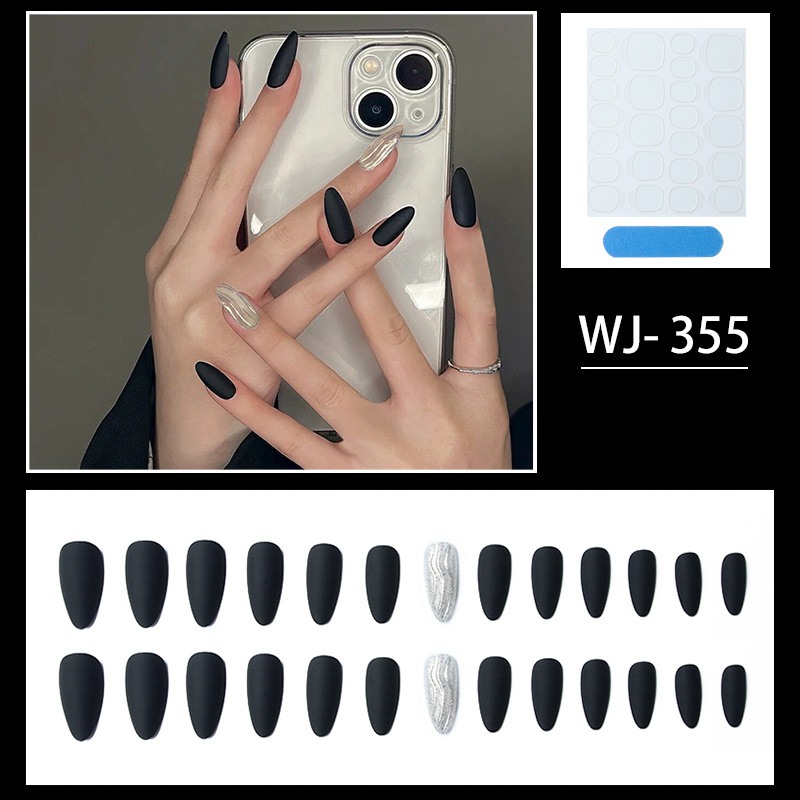 Black Almond Press On Nails Medium Glitter False Nails With Design ...