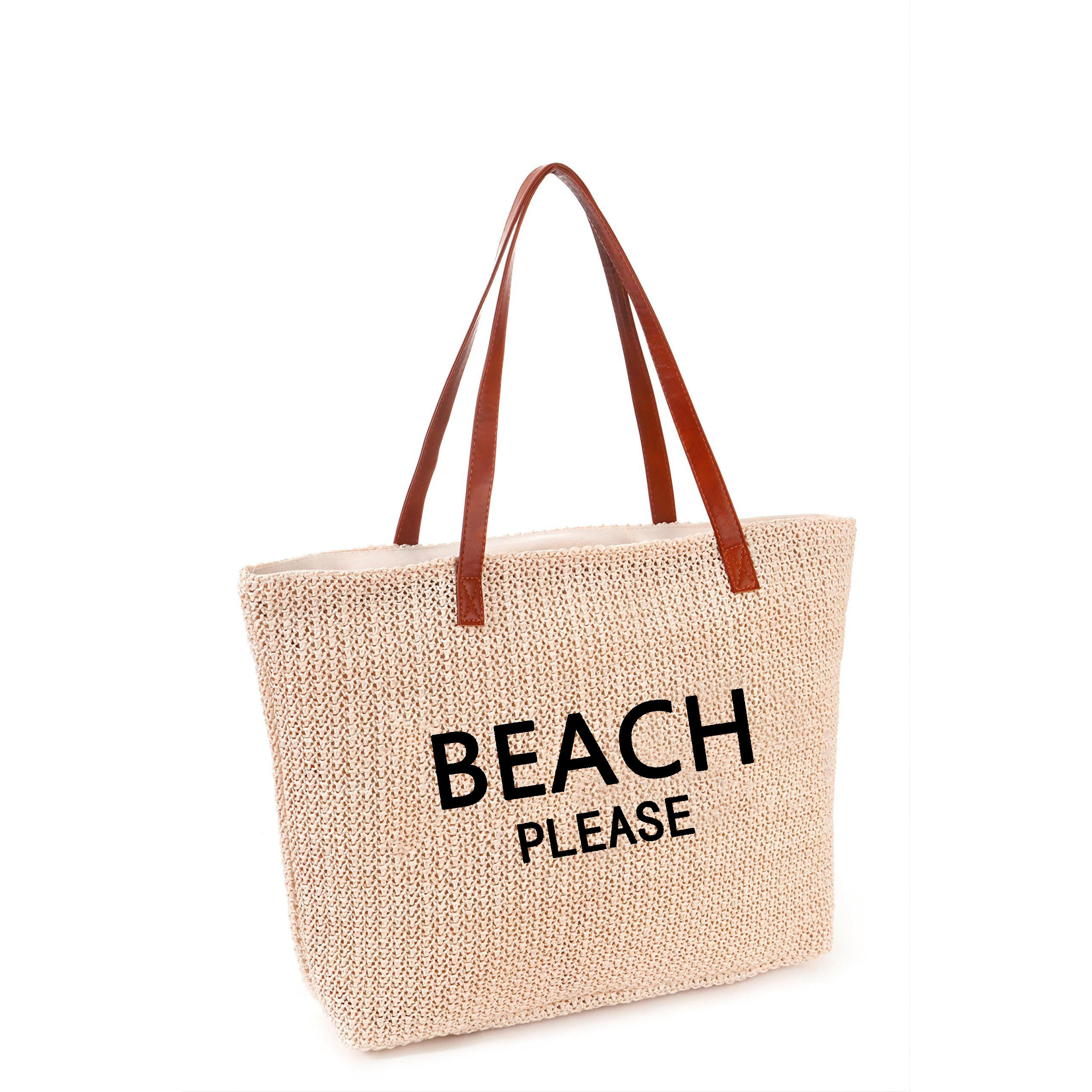 Stripe And Stitchwork Straw Tote, Beach Bag With Zipper Accessories ...