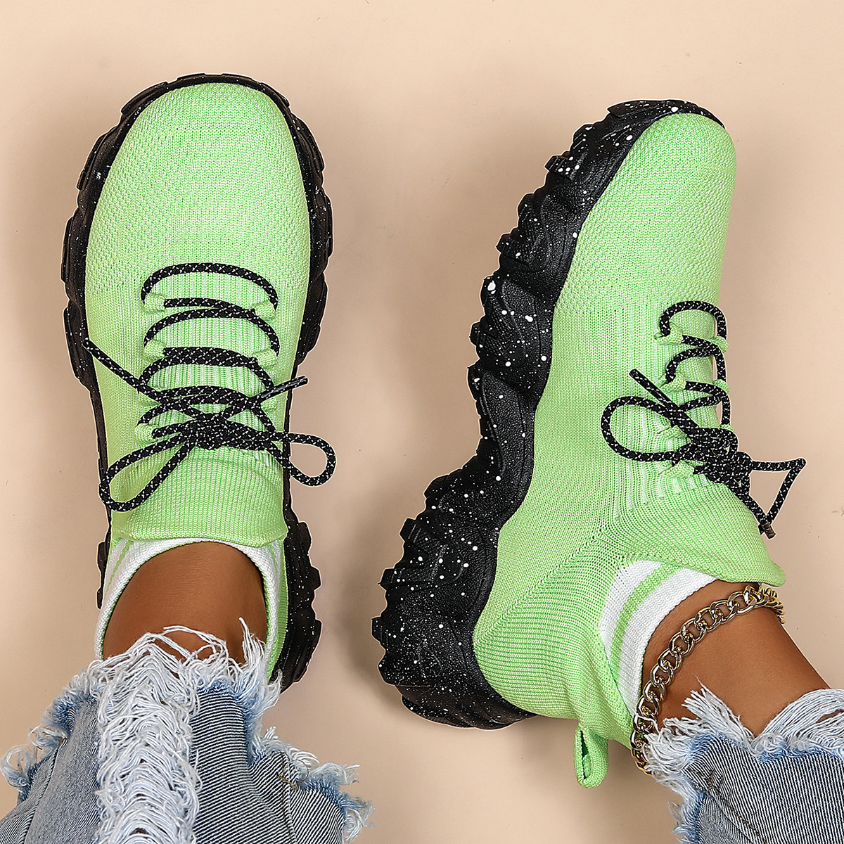 Women's Platform Knit Sneakers Low Top Lace Round Toe - Temu Portugal