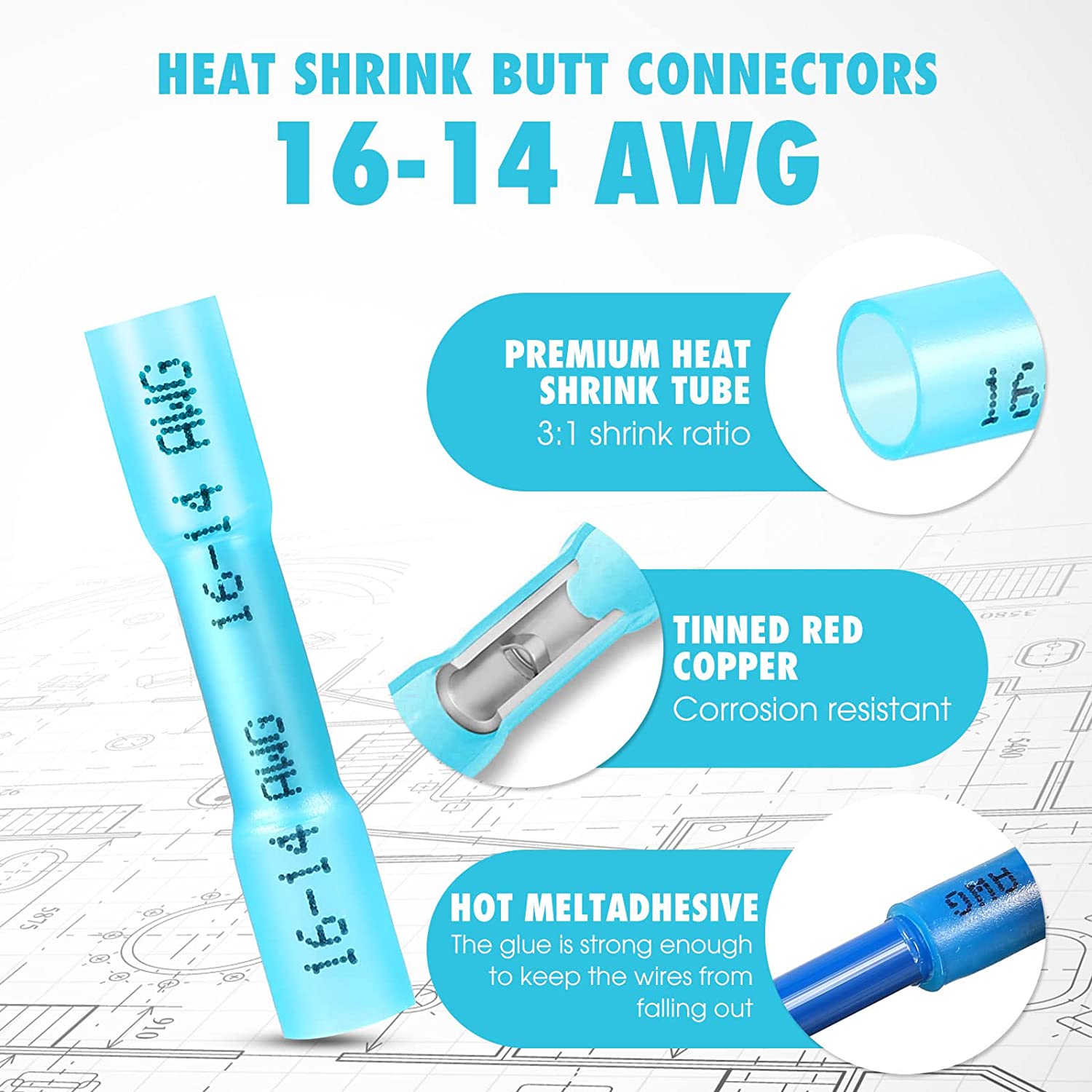 50個 熱収縮バットコネクタ 16 14 Awg バットスプライス、コネクタ電気青ワイヤスプライス、コネクタ絶縁防水マリングレード自動車用