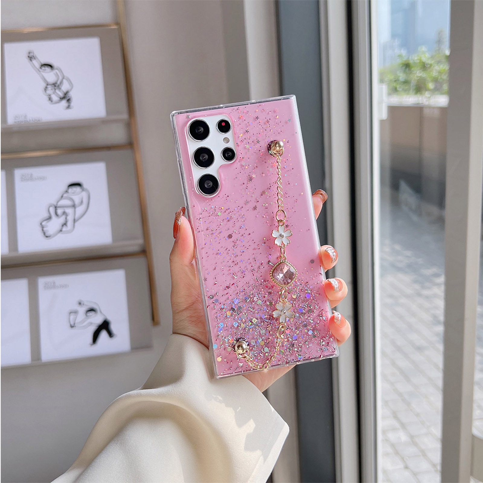 Pink Gradual Change Glittering Phone Case Lanyard Samsung - Temu