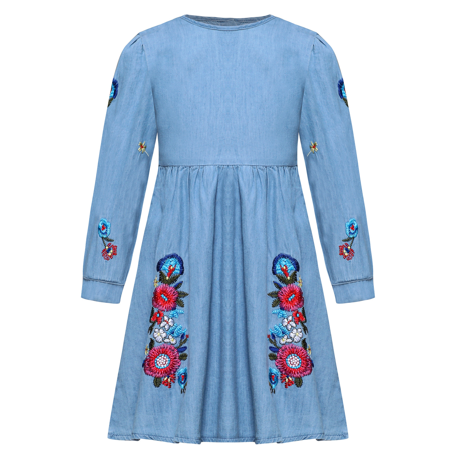 girls flowers embroidered long sleeve crew neck denim dress - Temu ...