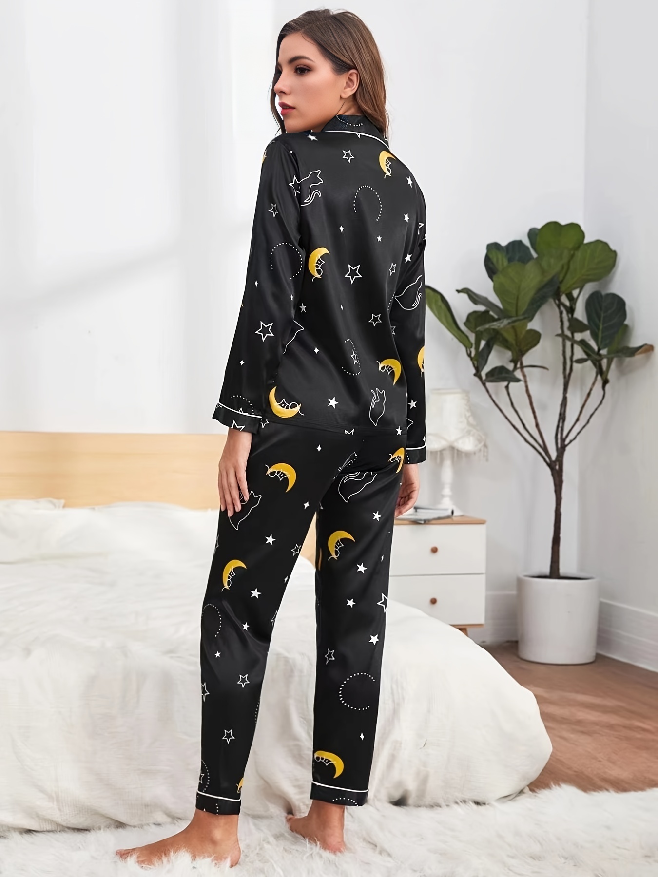 Casual Space Print Satin Striped Pajamas Set Lightweight - Temu Australia