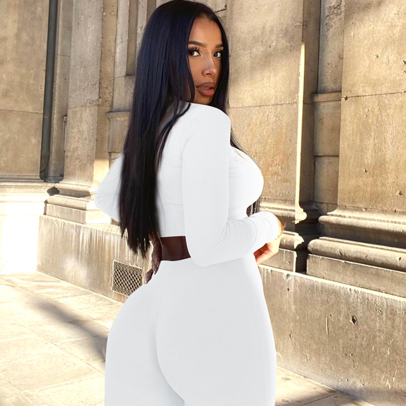 Solid Bodycon Two Piece Set Crew Neck Long Sleeve Crop T - Temu