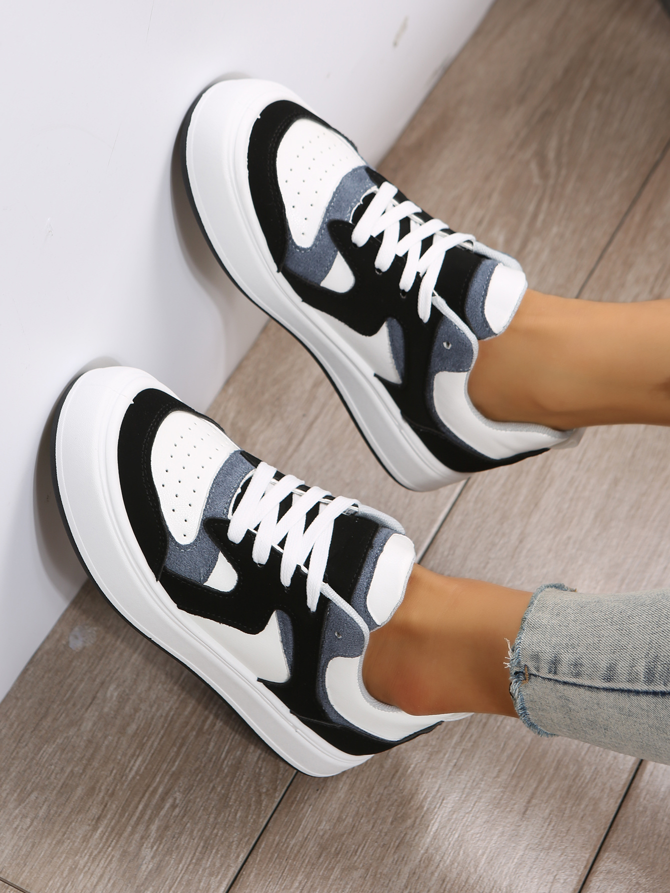 Lace Colorblock Flat Sneakers Round Toe Breathable Low Top - Temu Canada