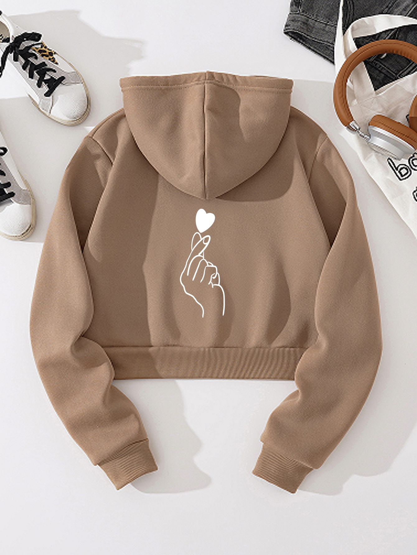 Fingers & Heart-shaped Print Hoodies, Full Zipper Drawstring Cropped ...