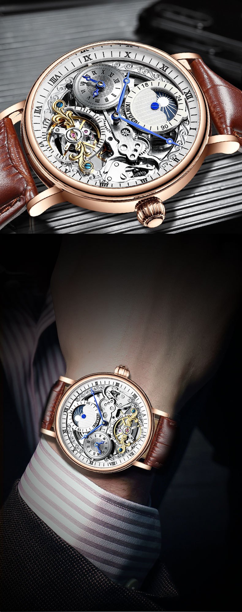 1pc Mens Golden Watch Double Sided Hollow Automatic Mechanical Watch ...