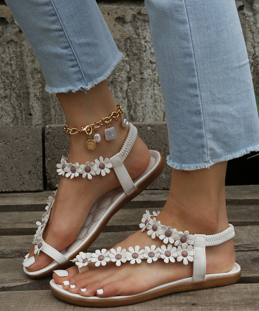Womens Boho Flower Decor Flat Sandals Toe Loop Elastic Temu United