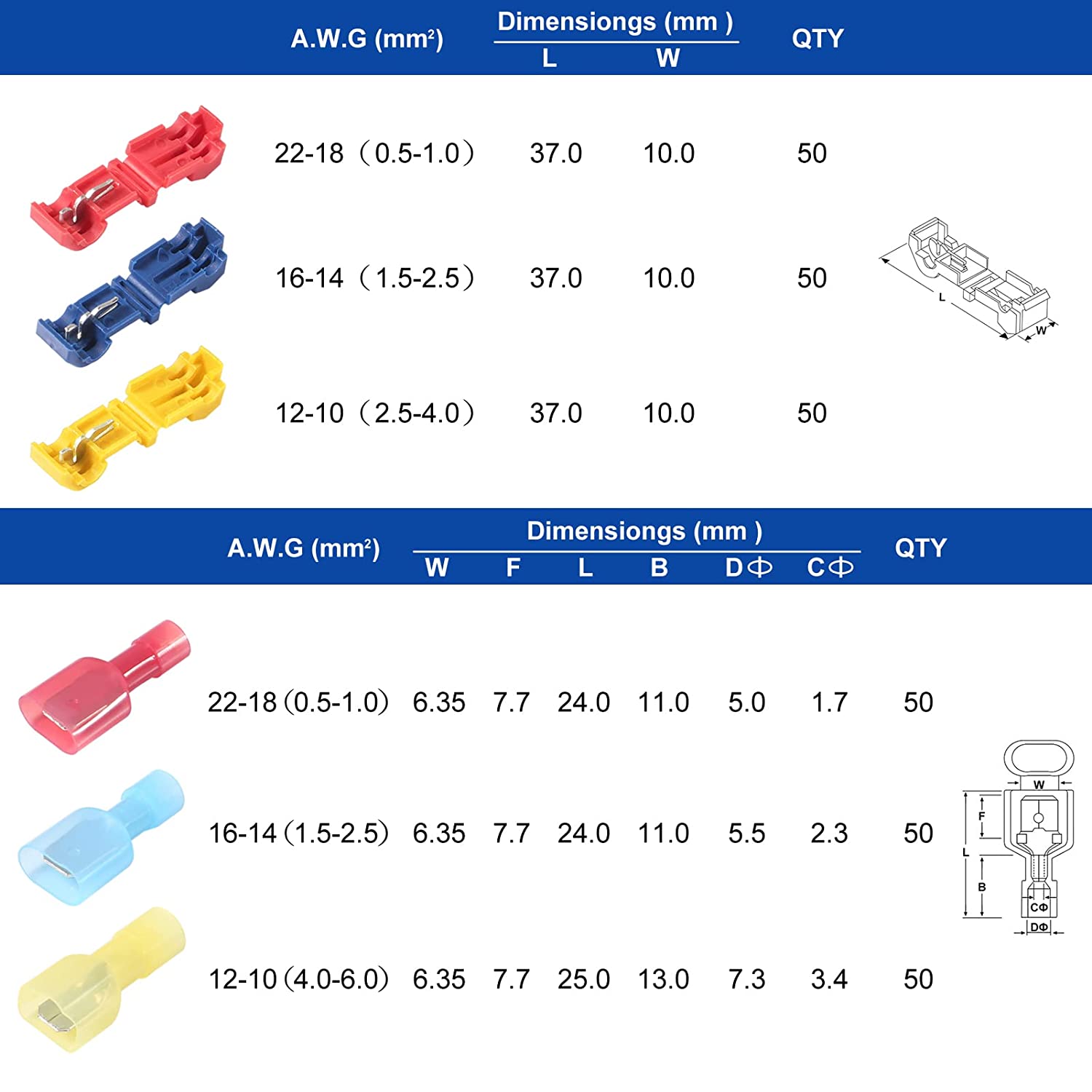 100pcs 50 Pairs T Tap Wire Connectors Quick Splice Wire Terminals ...