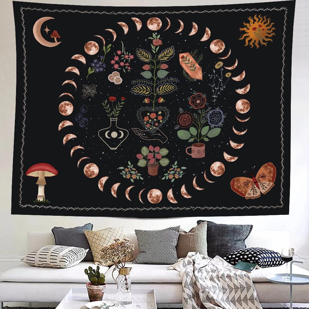 Astrology Plant Moon Phase Flower Tapestry Wall Hanging - Temu