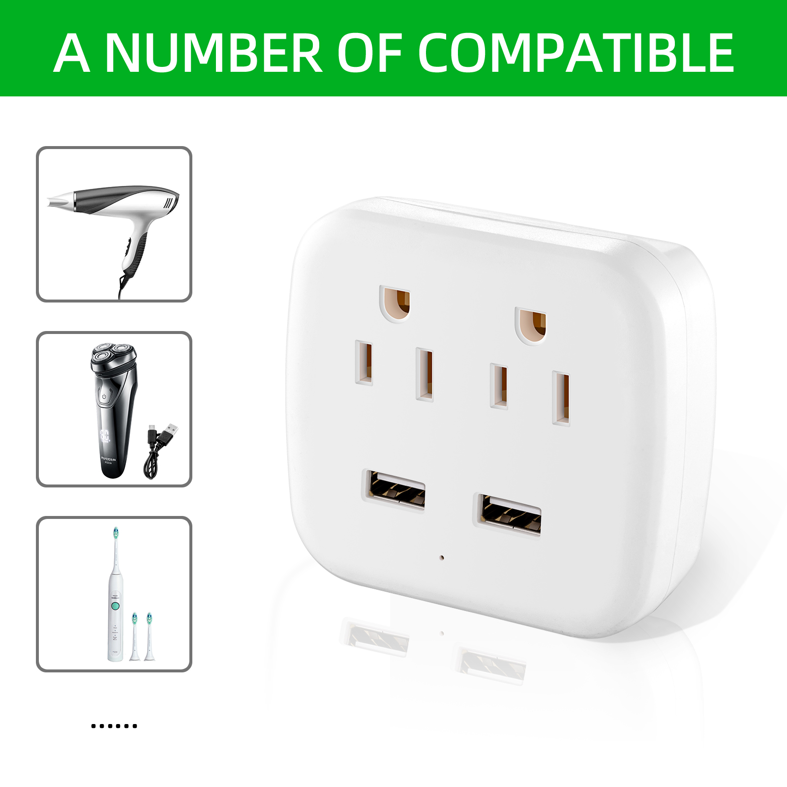 Multiple Outlet Extender Adapter With 2 Ac Outlet Splitter And 2 Usb