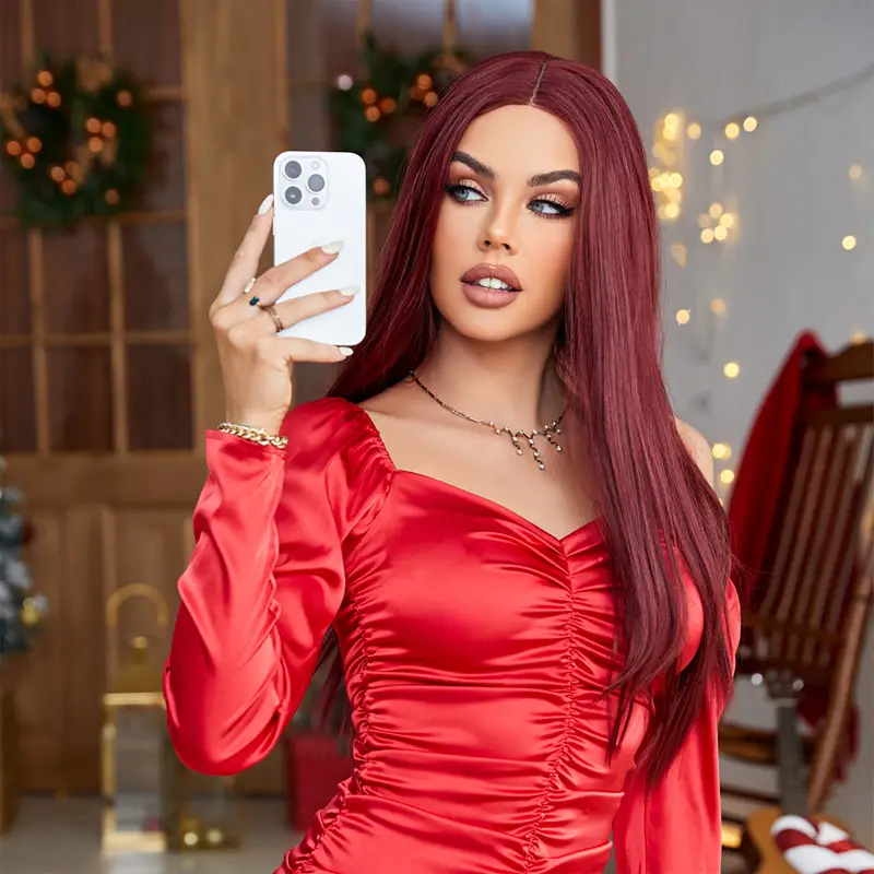 Red Straight T Part Synthetic Hair Wig Long Layered Middle Temu Australia