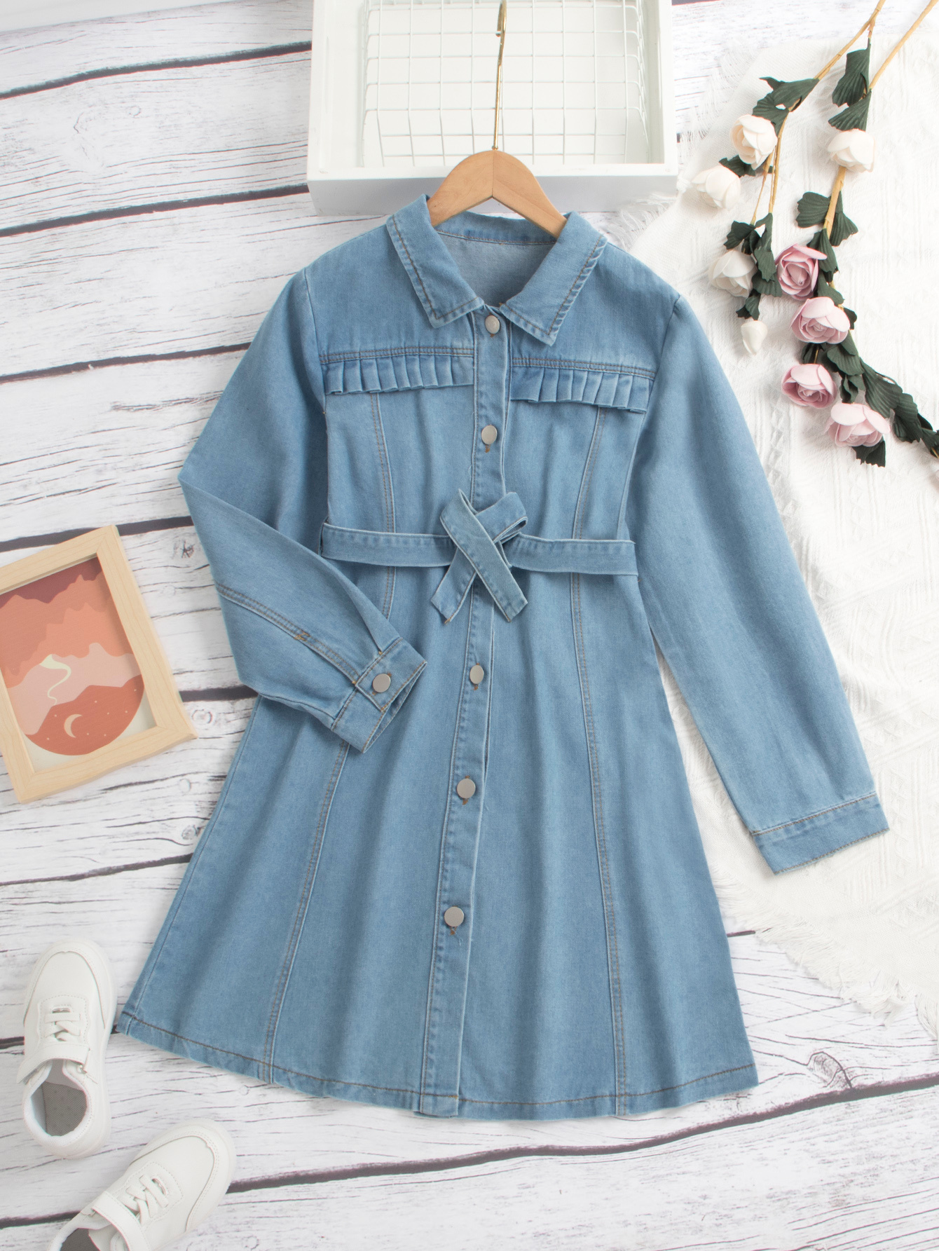 Girls Long Sleeve Button Denim Dress Spring Summer Kids - Temu New Zealand