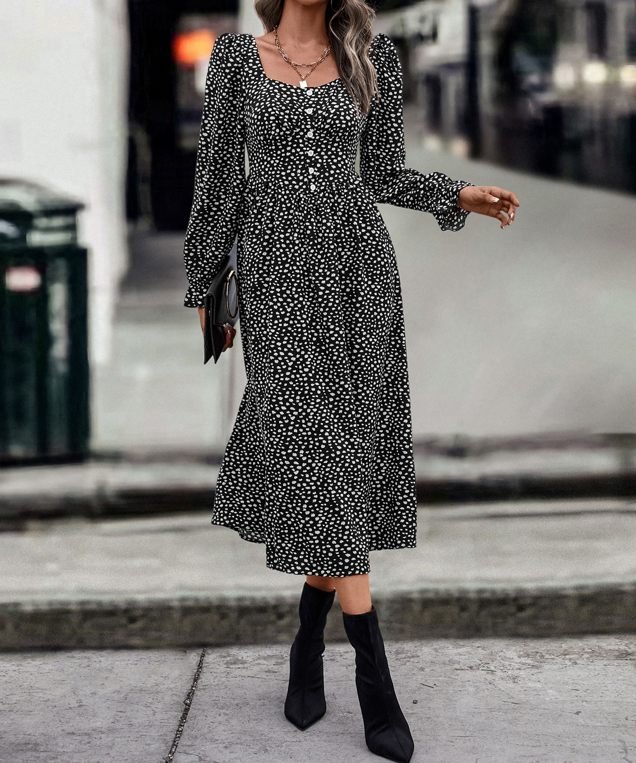 Floral Print Button Front Dress Vintage High Waist Squared - Temu New Zealand