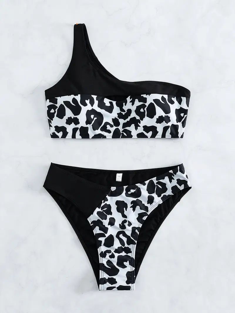 Plus Size Colorblock One Shoulder High Leg Cut Top Panties Temu