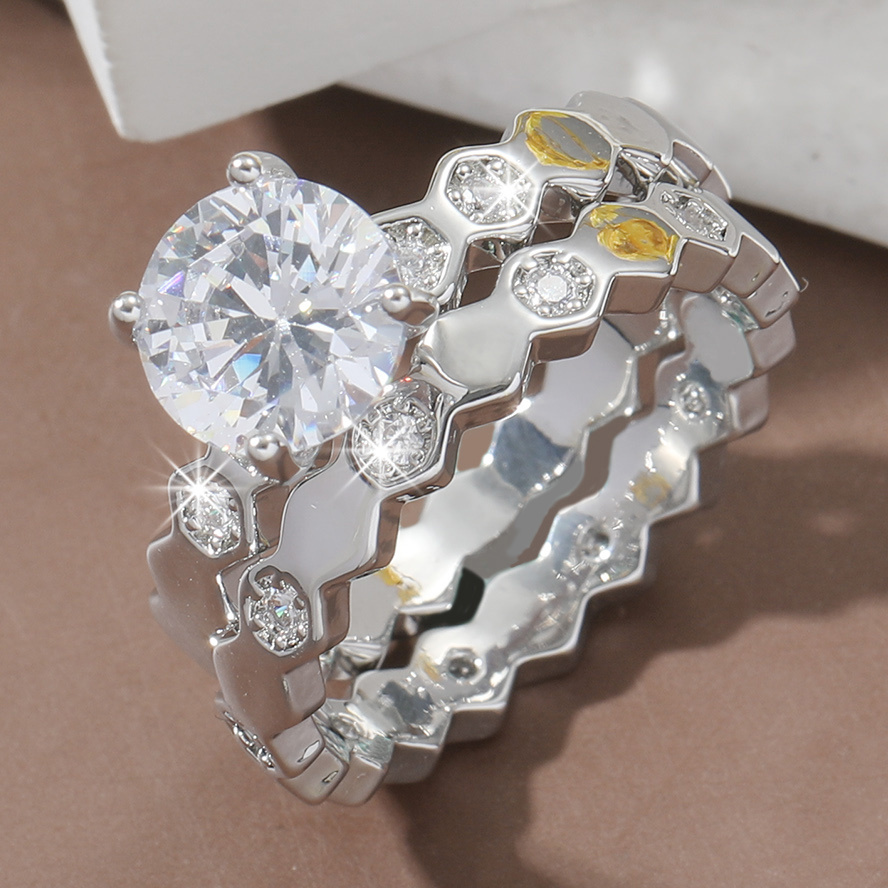 Honeycomb Band Ring Set Inlaid Shiny Zircon Minimalist - Temu United ...