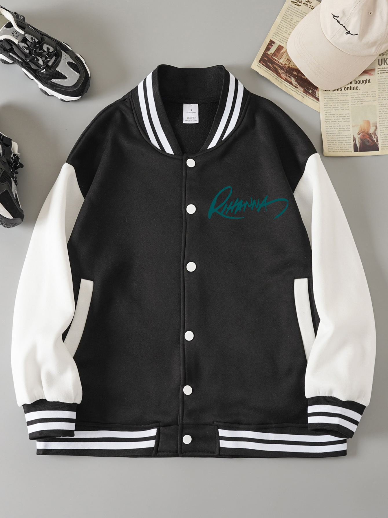 Letter Print Football Button Varsity Jacket Long Sleeve - Temu New Zealand