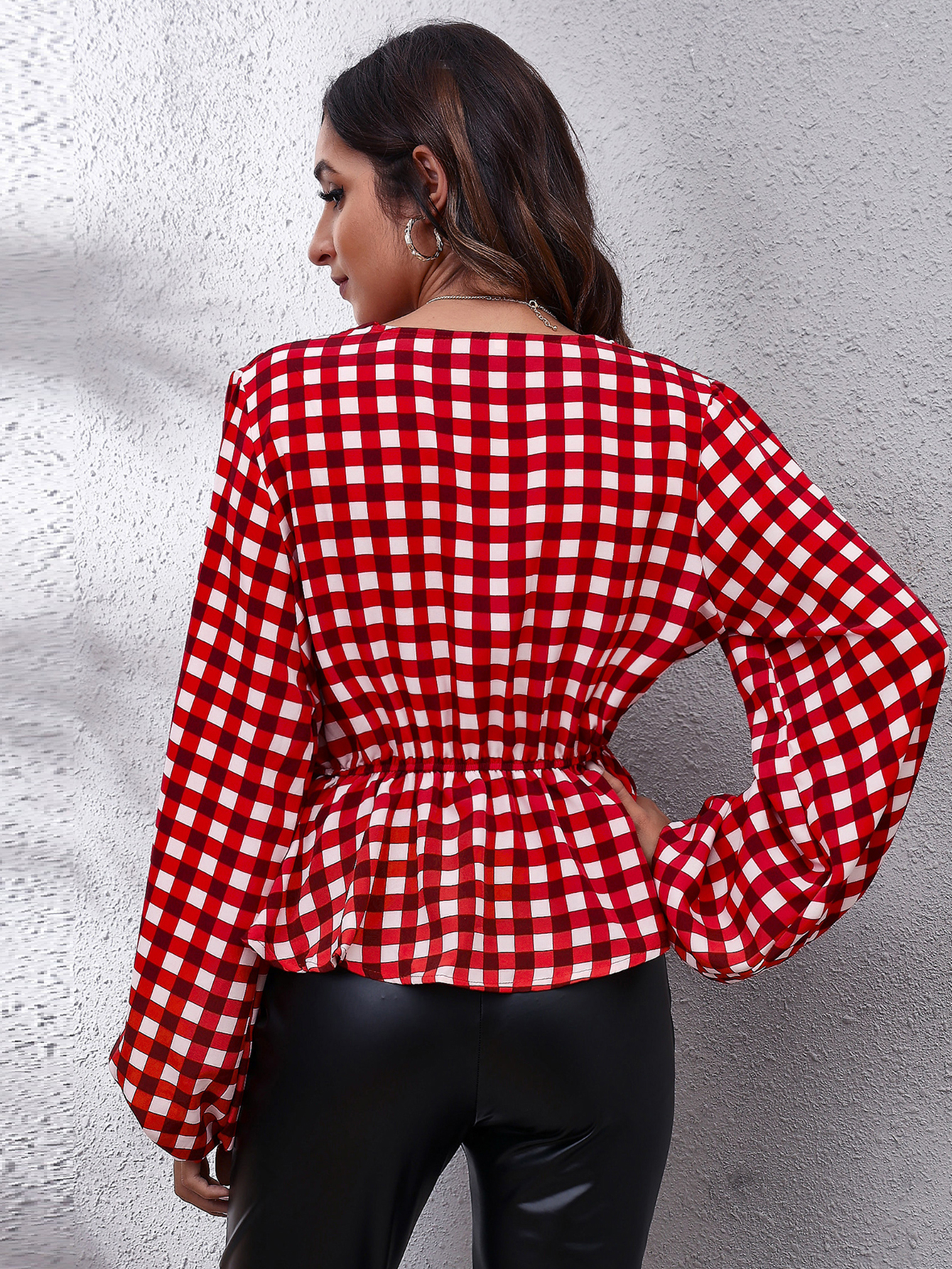 Plaid Lantern Sleeve Blouse V Neck Long Sleeve Blouse Elegant