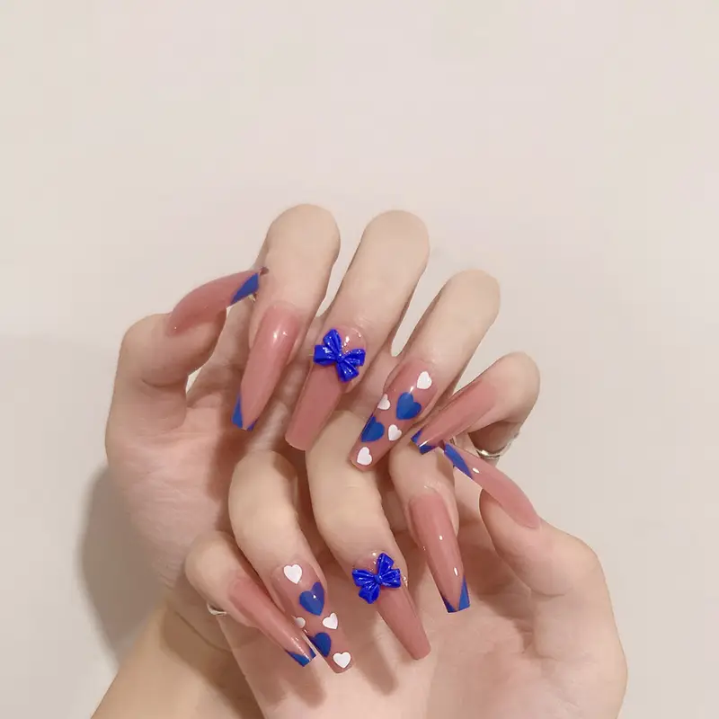 블루 나비 디자인의 롱 발레리나 프레스온 네일 세트 광택 마감 무향 젤리 접착제 및 네일 파일 포함 고 Temu