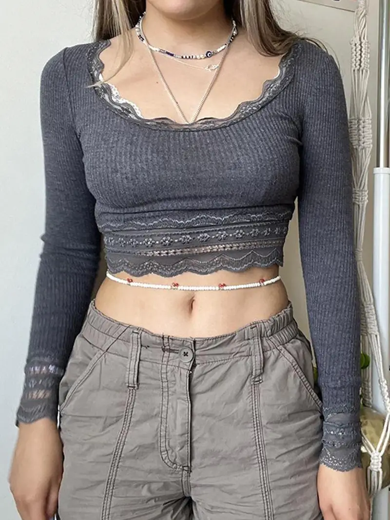 Lace Contrast Crop Top Y2k Knitted Crew Neck Long Sleeve Temu