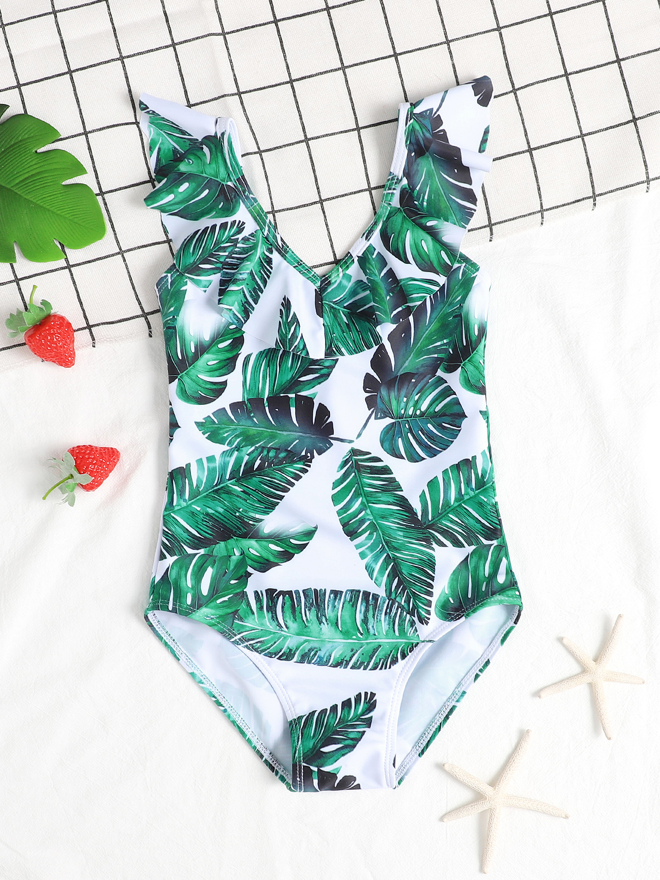 Girls One-piece Ruffle Swimsuit With Tropical Print + Headband Set ...