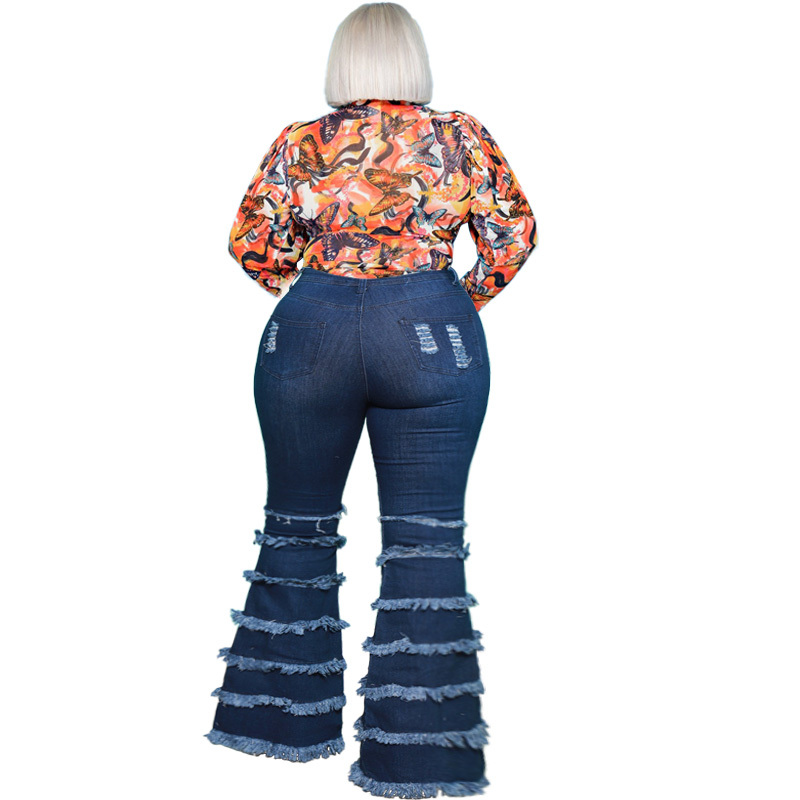 Plus Size Ripped Fringe Trim Flared Leg Jeans Womens - Temu Australia
