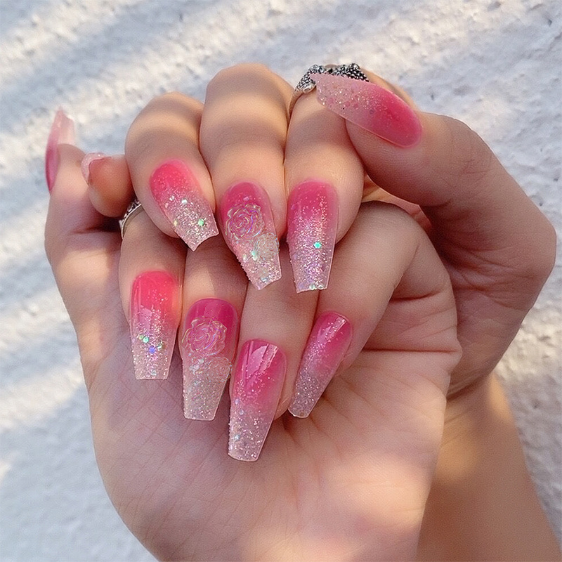 24 Pcs Manicure Flower Fake Nail Camellia Black Manicure Fake Nails ...