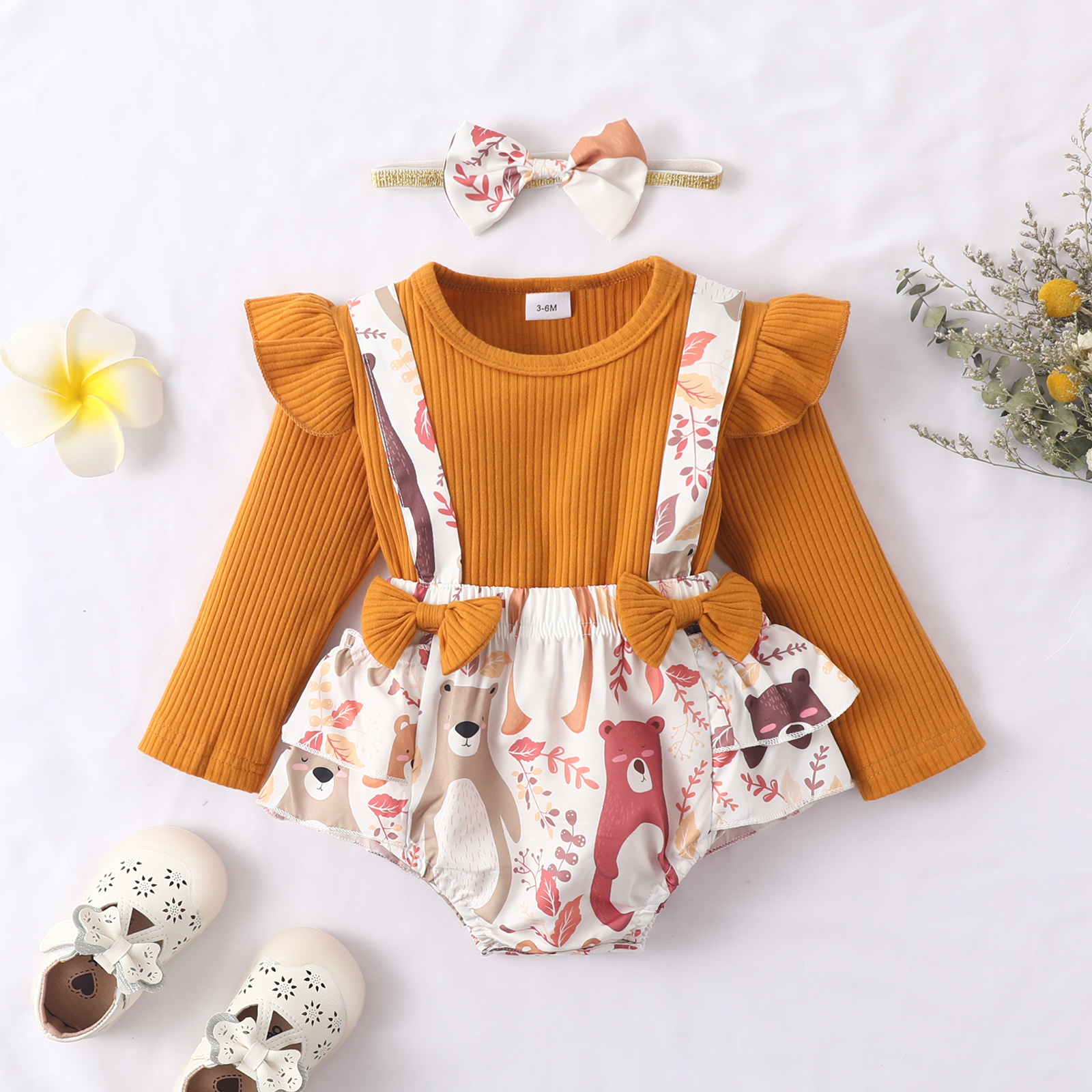 Long Sleeve Ruffle Knitted Romper Dress Floral Suspender - Temu Australia