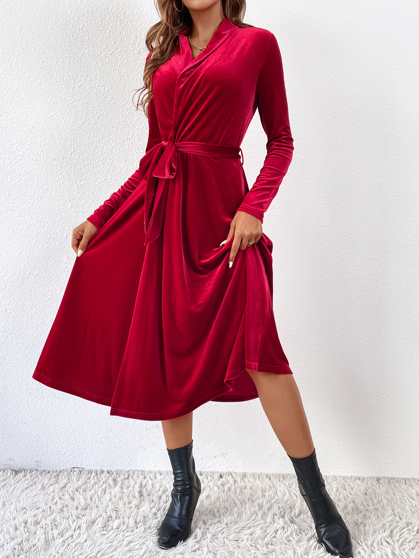 Solid V Neck Tunic Sexy Dress Long Sleeve Split Maxi - Temu New Zealand