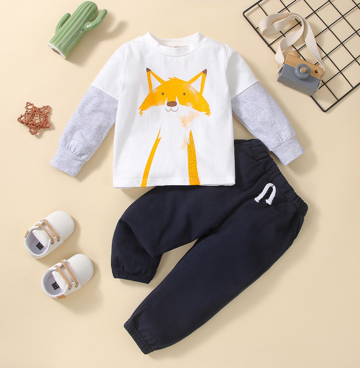 Baby Boys Fox Print Pullover Round Neck Long Sleeve - Temu Australia